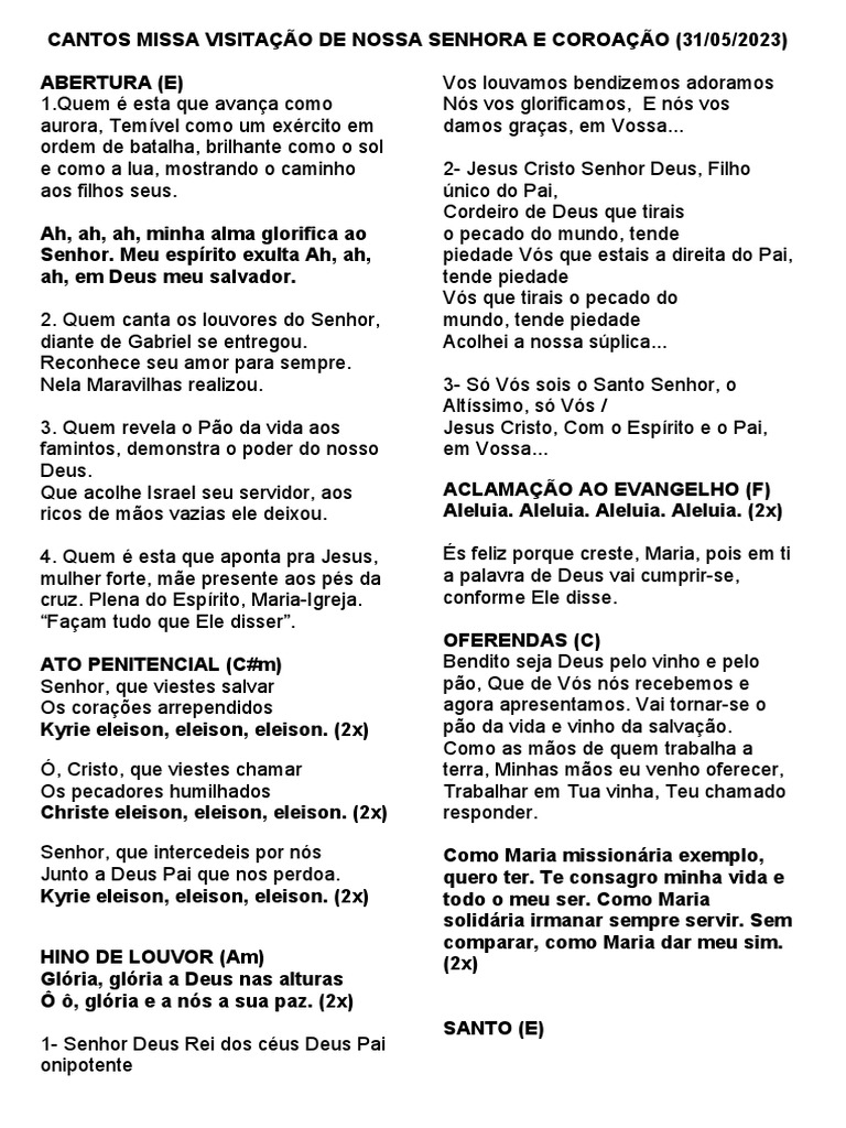Cantos Missa E Coroação De Nossa Senhora Para 31 05 Pdf