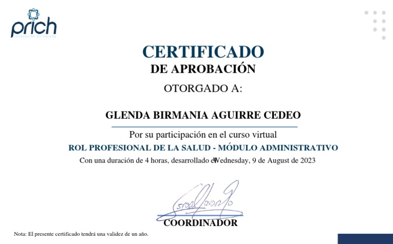 Certificado Modulo Administrativo Glenda | PDF
