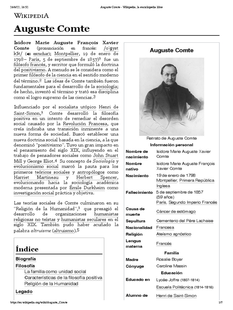 Auguste Comte - Wikipedia, La Enciclopedia Libre | PDF
