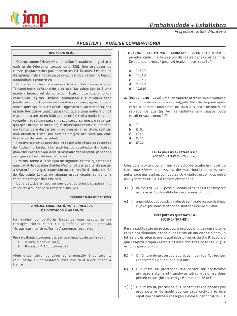 Apostila 1 - Análise Combinatória | PDF | Lógica | Combinatória