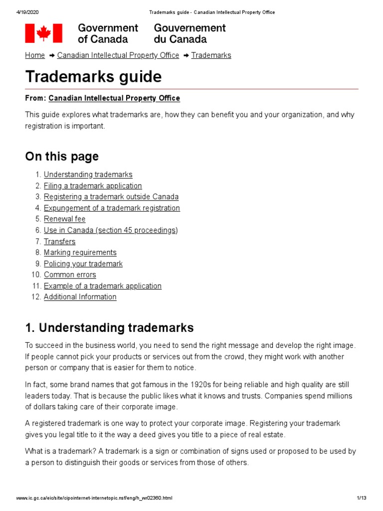 Canadian Trademarks Registration Guide | PDF | Trademark | Glossary Of ...