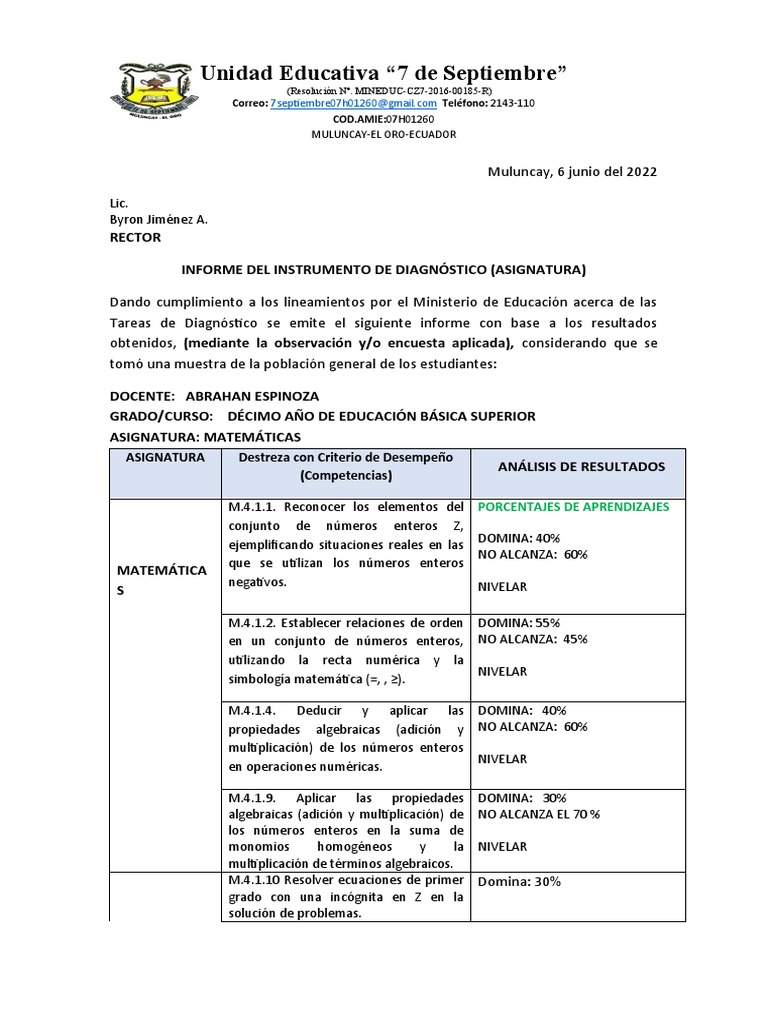 Informe de Evaluación Disgnóstica Decimo | PDF