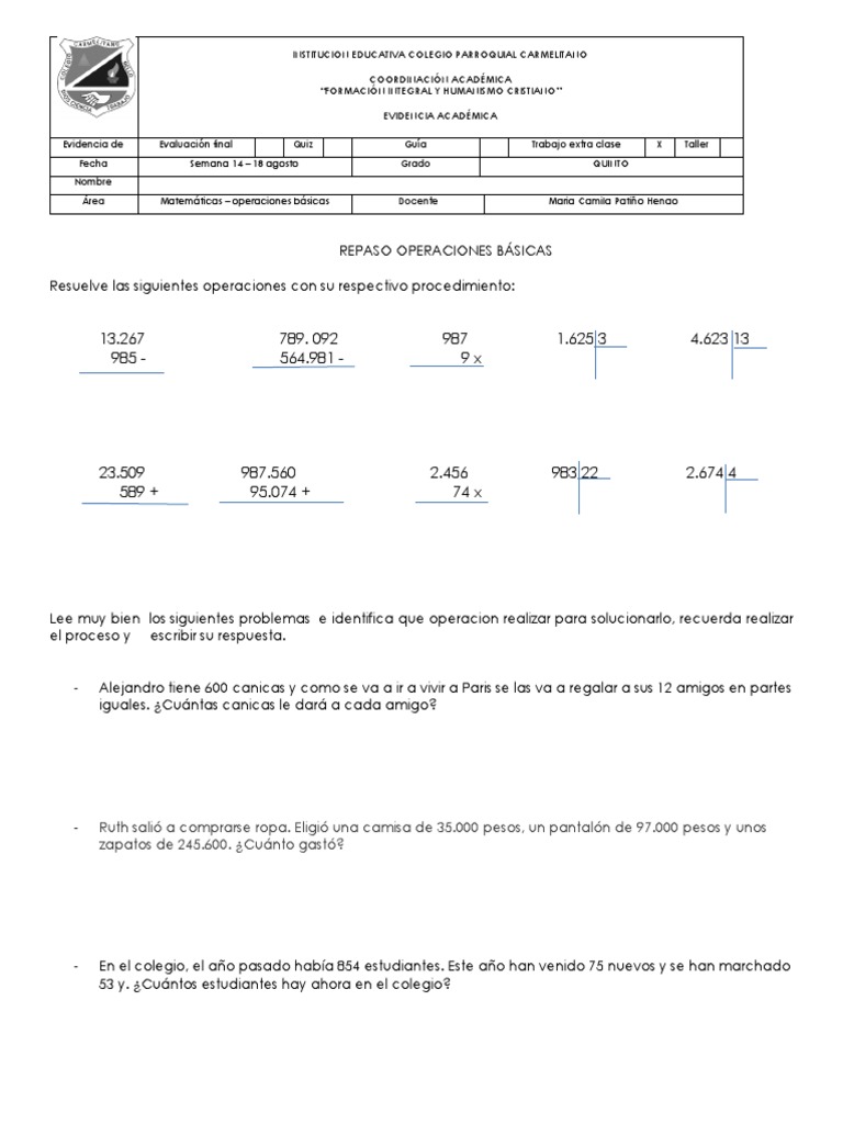 Taller de Repaso Operaciones Basicas - 5° | PDF