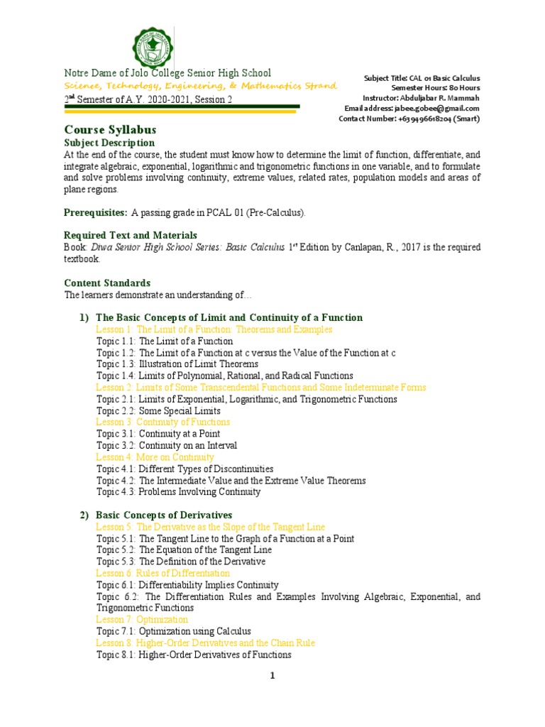 Basic Calculus Syllabus | PDF