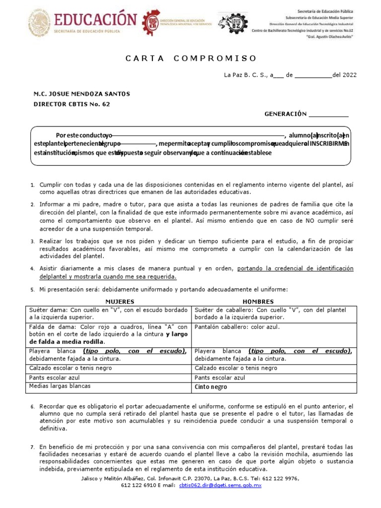 Carta Compromiso Reglamento | PDF