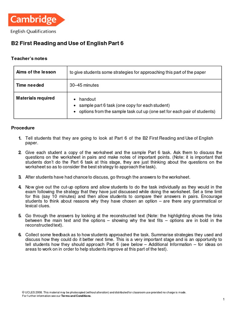 Cambridge English b2 First Reading Part 6 | PDF