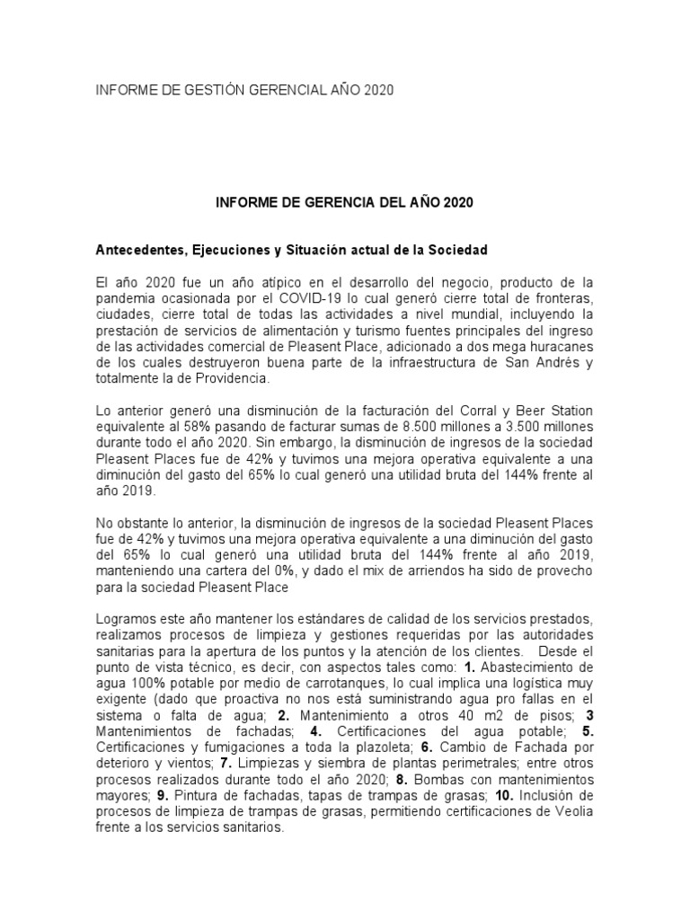 Informe de Gestión Gerencial Año 2020 | PDF