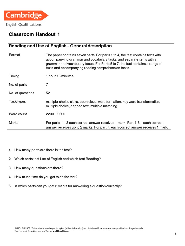 Cambridge-English-B2-First-Reading-Overview - Handout 1 | PDF