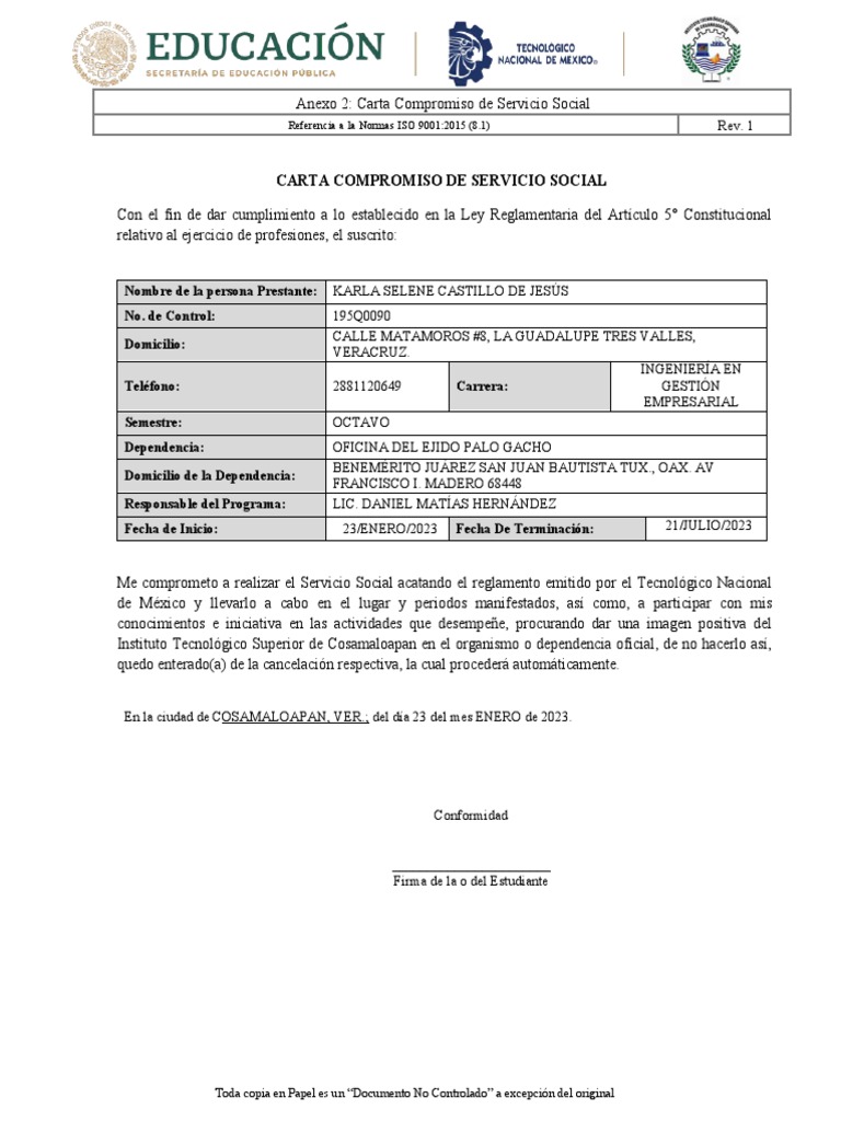 Anexo 2. Carta Compromiso de Servicio Social | PDF