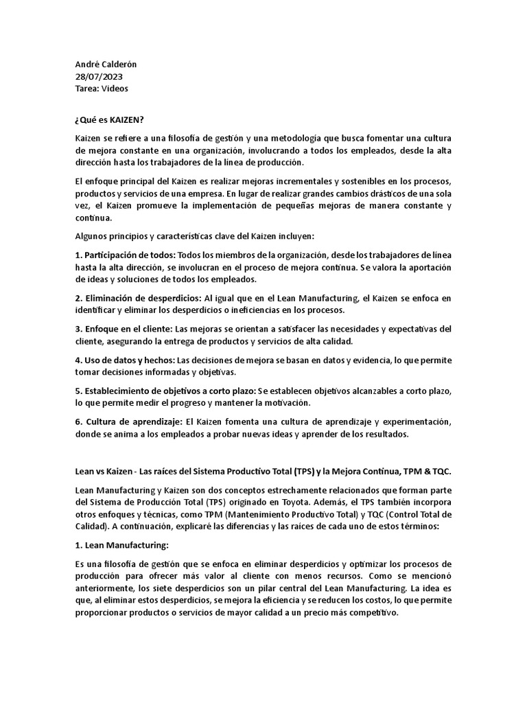 Tarea Método Kaizen - André Calderón | PDF