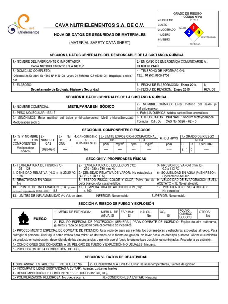 Hoja de Seguridad: Metilparaben Sódico | PDF