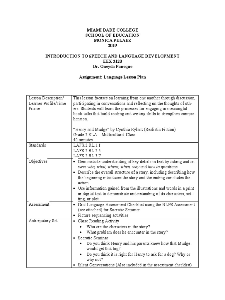 Eex 3120 - Language Lesson Plan | PDF Eex 3120 - Language Lesson Plan | PDF