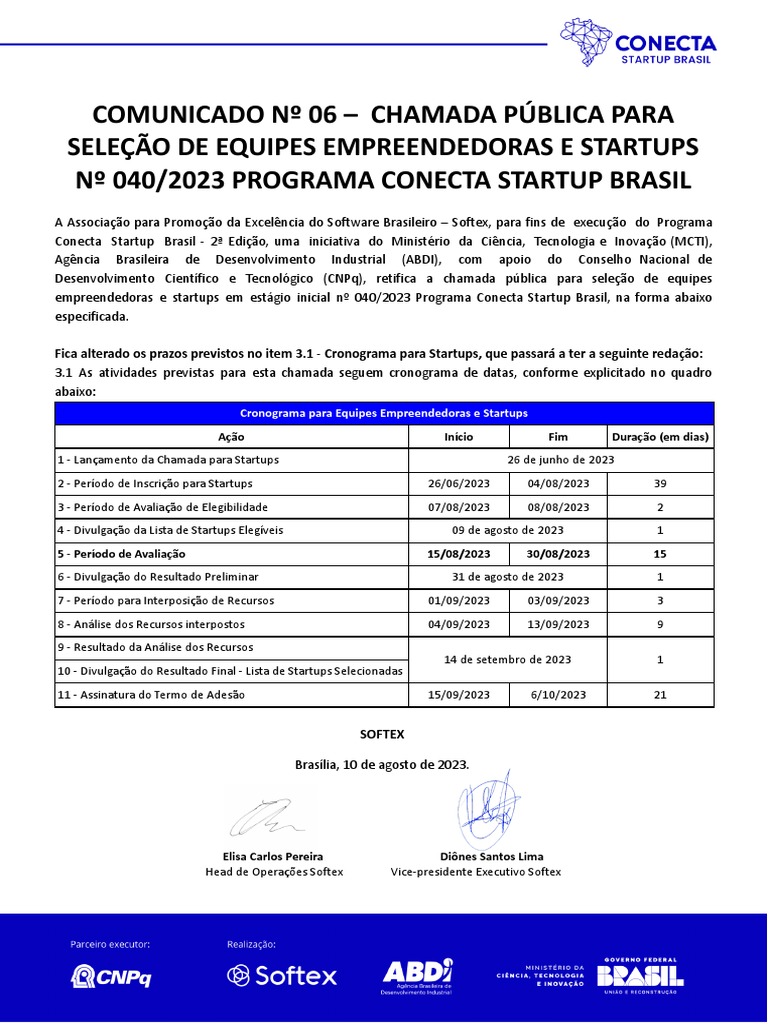 Comunicado 06 Alteracao No Periodo de Avaliacao de Equipes Empreendedoras e Startups Chamada ...