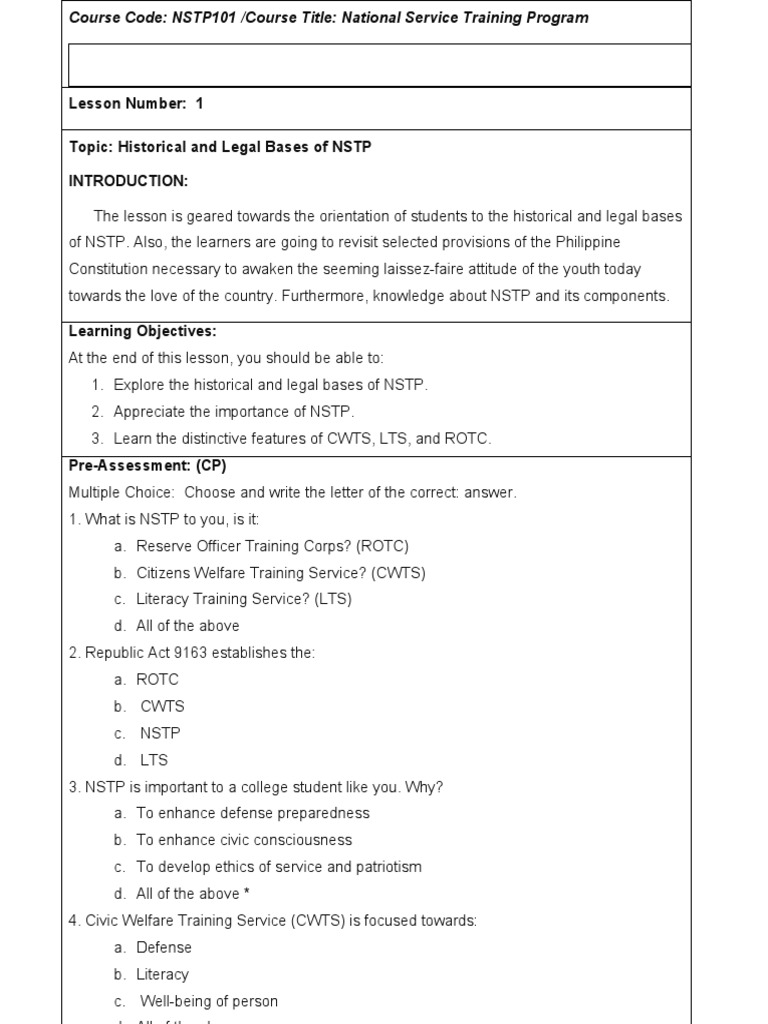 NSTP Lesson 1 Assessment | PDF | Social Science
