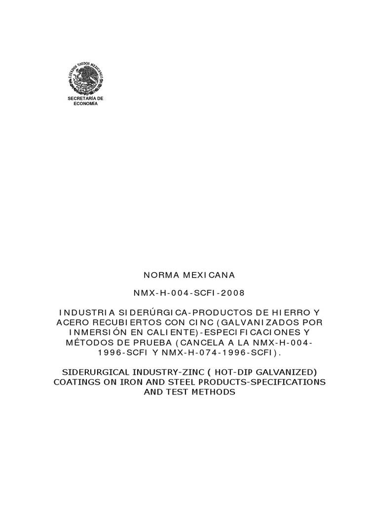 Nmx-H-004-Scfi-2008 NORMA DE GALVANIZANTE | PDF | Tratamiento a base de calor | Acero