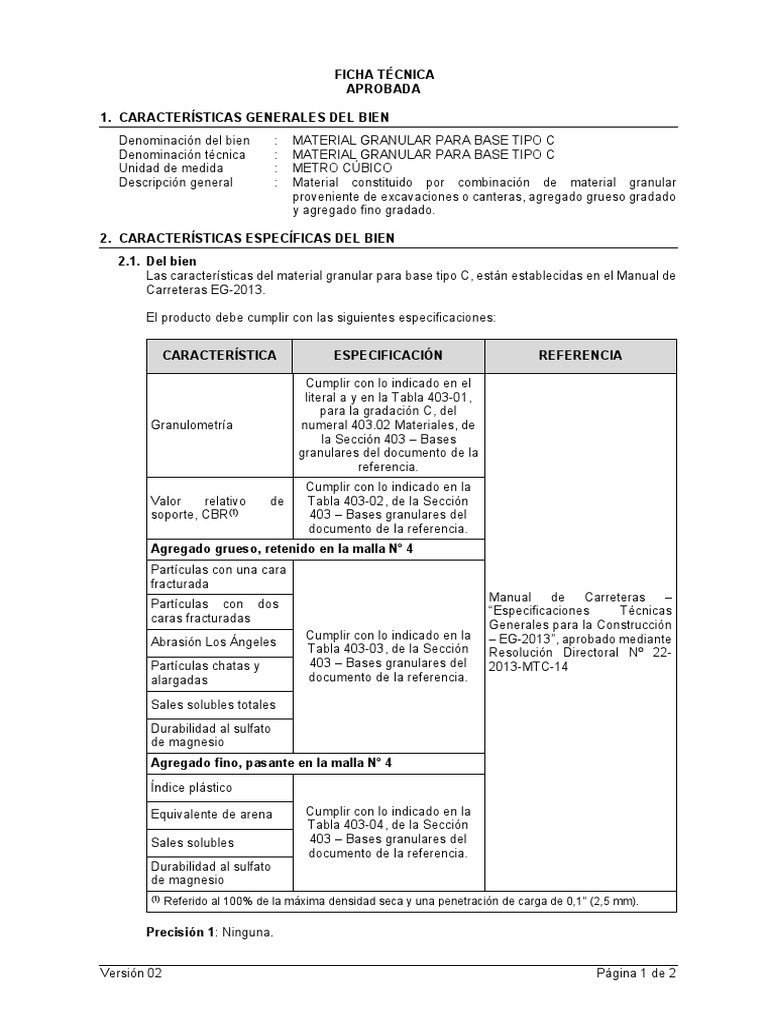 FICHA TECNICA DEL MATERIAL BASE GRANULAR | PDF | Materiales | Ciencias fisicas