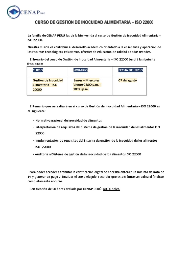 Curso ISO 22000: Inocuidad Alimentaria | PDF