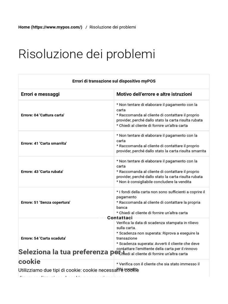 Risoluzione Problemi - Errori e Messaggi Sui Terminali MyPOS Mobile | PDF