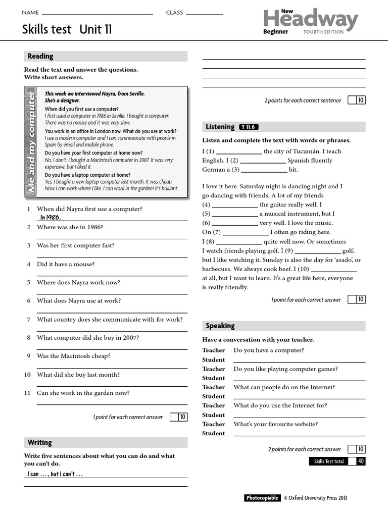 Nhw Beg 4e Skills Tests 11 Pdf Human Communication