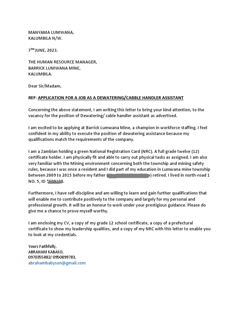 Barrick Application Letter Facebook | PDF