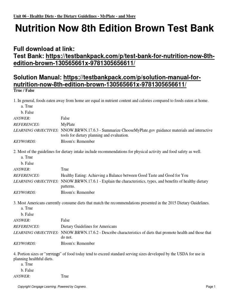 Nutrition Now 8th Edition Brown Test Bank Download | PDF