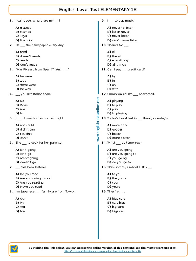 2 - English Level Test Elementary 1b | PDF