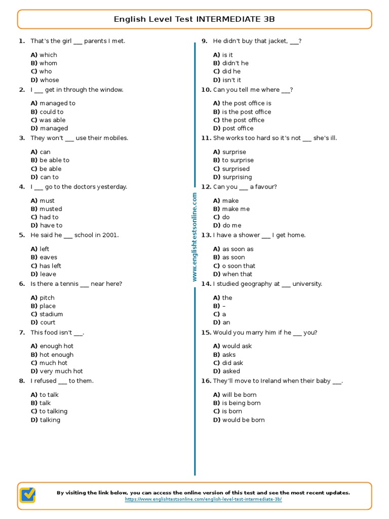6 - English Level Test Intermediate 3b | PDF