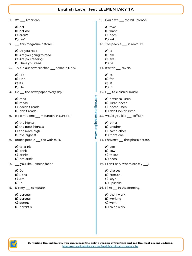 Elementary English Test 1A PDF | PDF