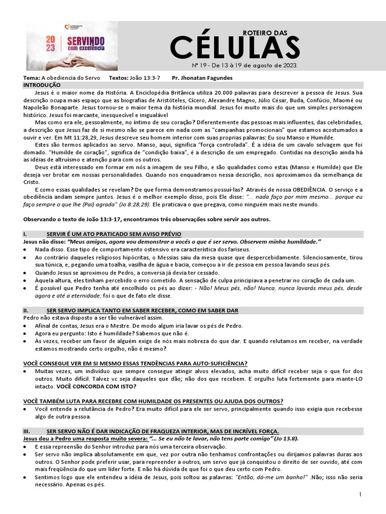Roteiro de Célula - Nº 19 - 13 A 19 de Agosto - 2023 - A Obediência Do Servo - PR JJ | PDF