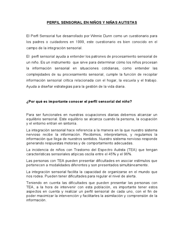 Perfil Sensorial Autismo | PDF | Espectro autista | Comportamiento
