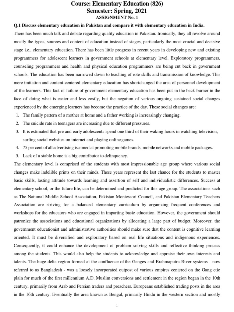 Assignment No. 1 Q.1 Discuss Elementary Education in Pakistan and Compare It With Elementary ...