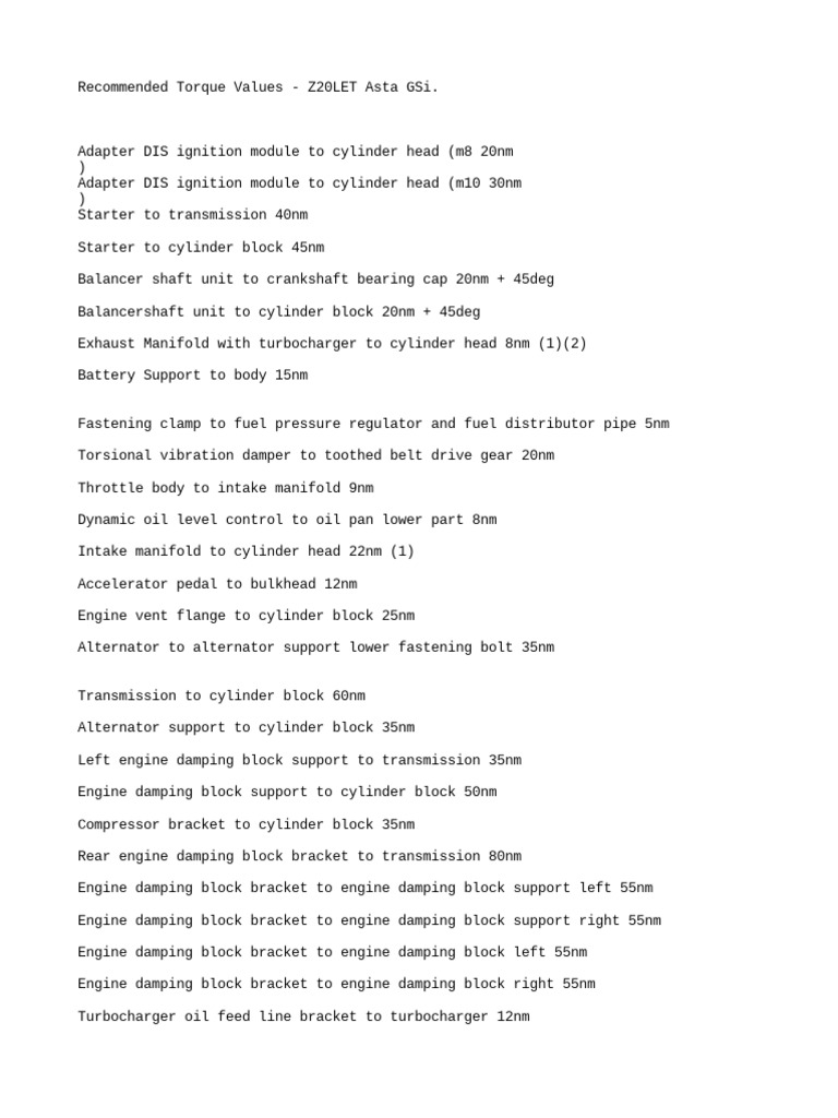 Latest Z20LET Torque List | PDF