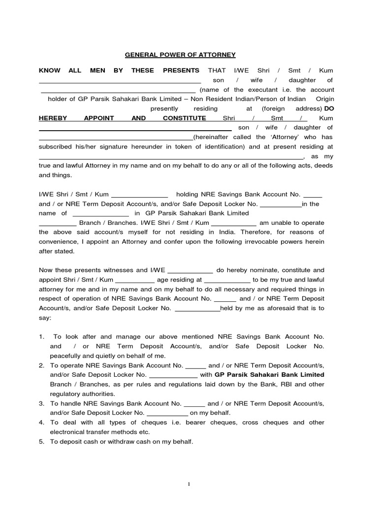 Nri Power of Attorney Format | PDF