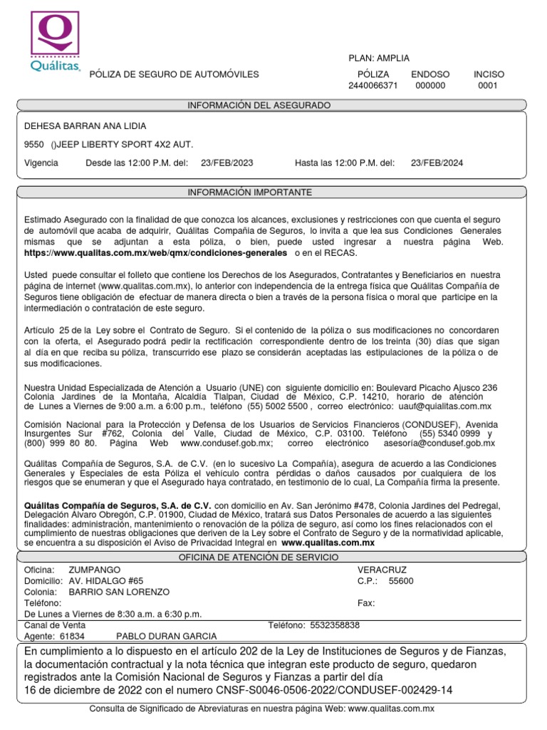 Póliza de Seg Liberty 2023 | Descargar gratis PDF | Póliza de seguros | Seguro