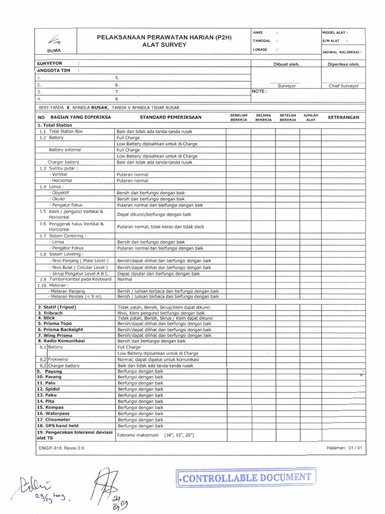 F-016 - ENG Revisi 0.0 - Pelaksanaan Perawatan Harian (P2H) Alat Survey ...