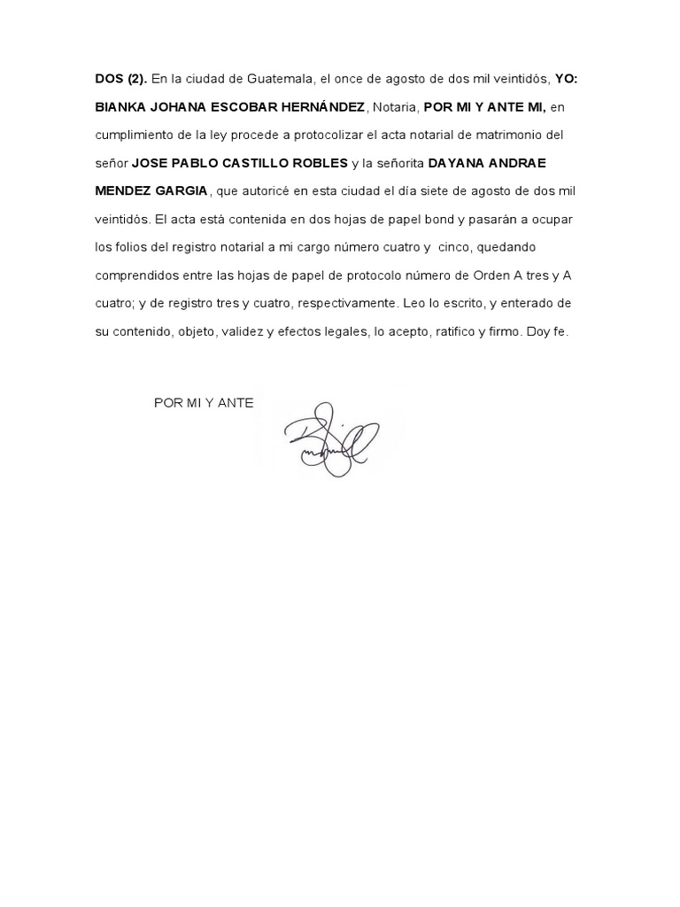 Acta de Protocolizacion de Matrimonio | PDF