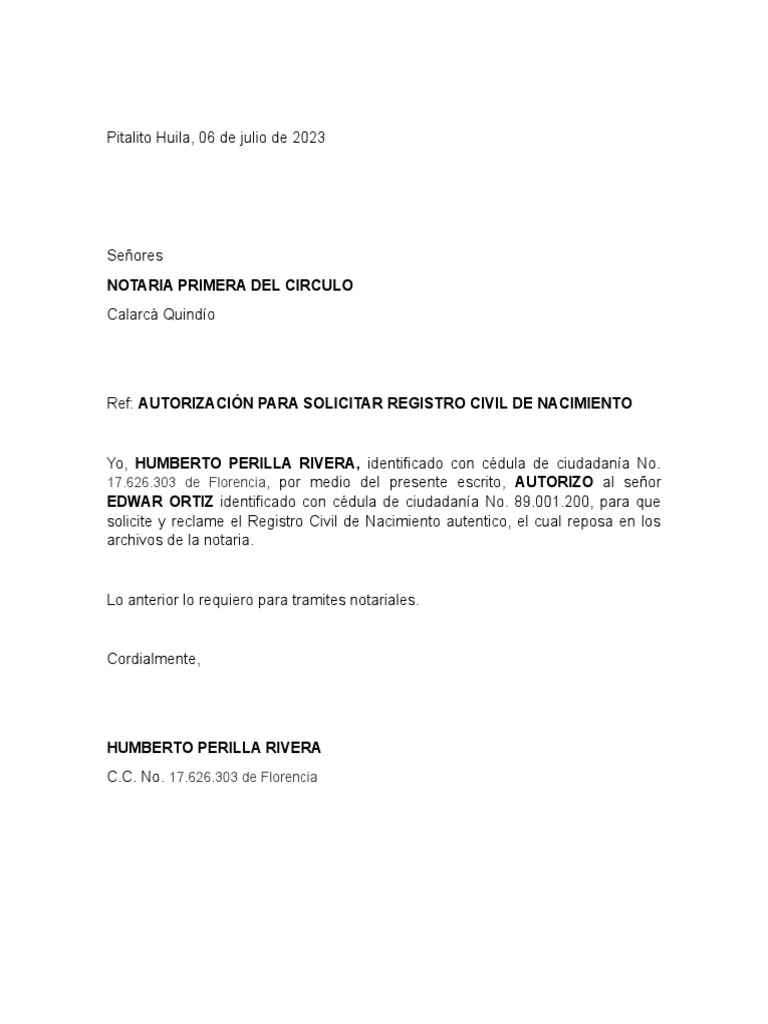 Autorización Solicitud Registro Civil de Nacimiento | PDF | Control de acceso | Gobierno y ...