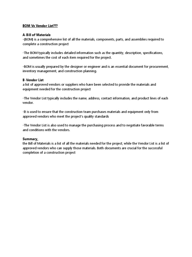 BOM and Vendor List Overview | PDF | Technology & Engineering