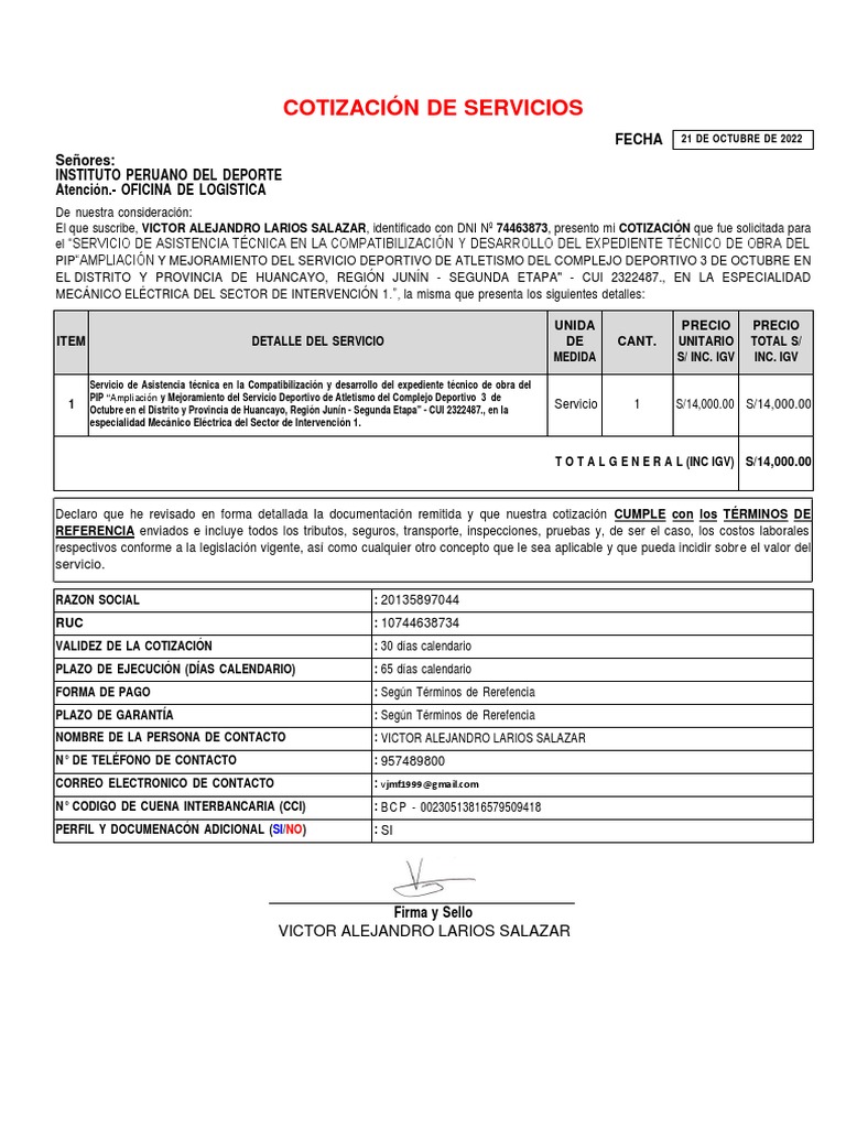Cotización Asistencia Técnica Huancayo | PDF