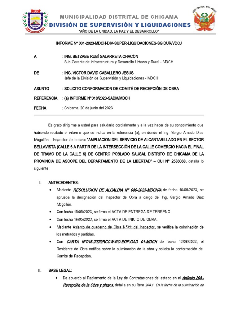 Informe Nº001-2023 - Solicito Conformacion de Comite de Recepcion | PDF