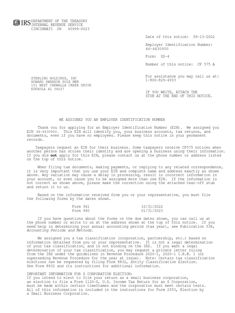 STERLING HOLDINGS, INC - IRS - Tax - ID - Number | PDF