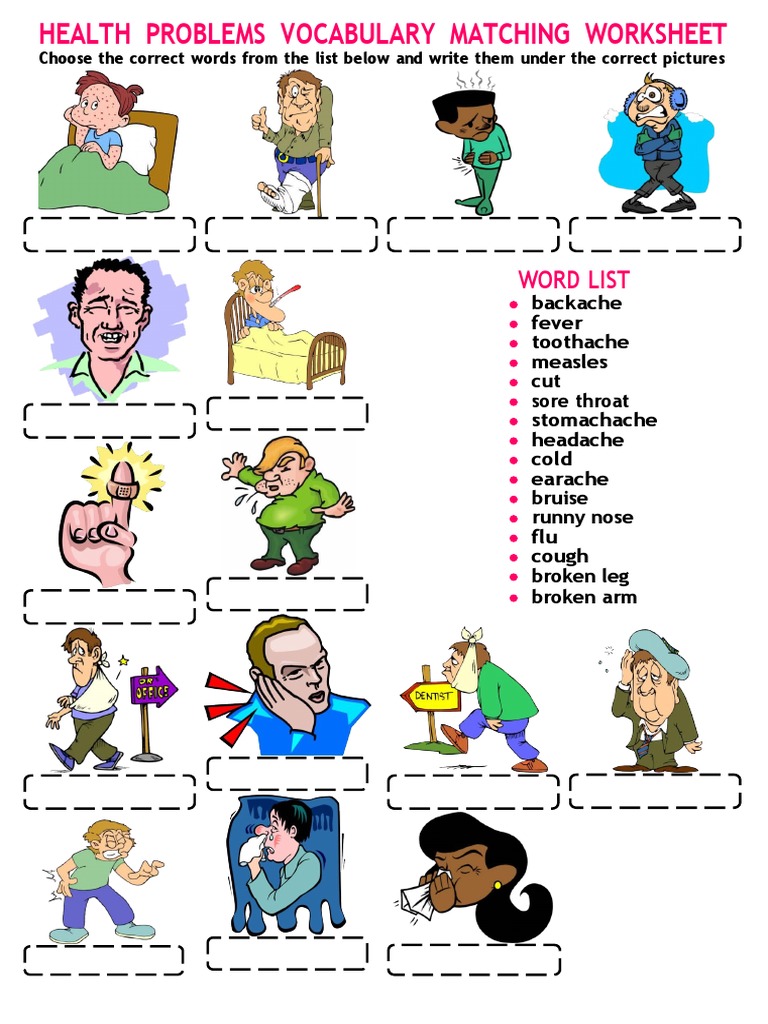 Health Problems Vocabulary Esl Matching Exercise Worksheet For Kids | PDF