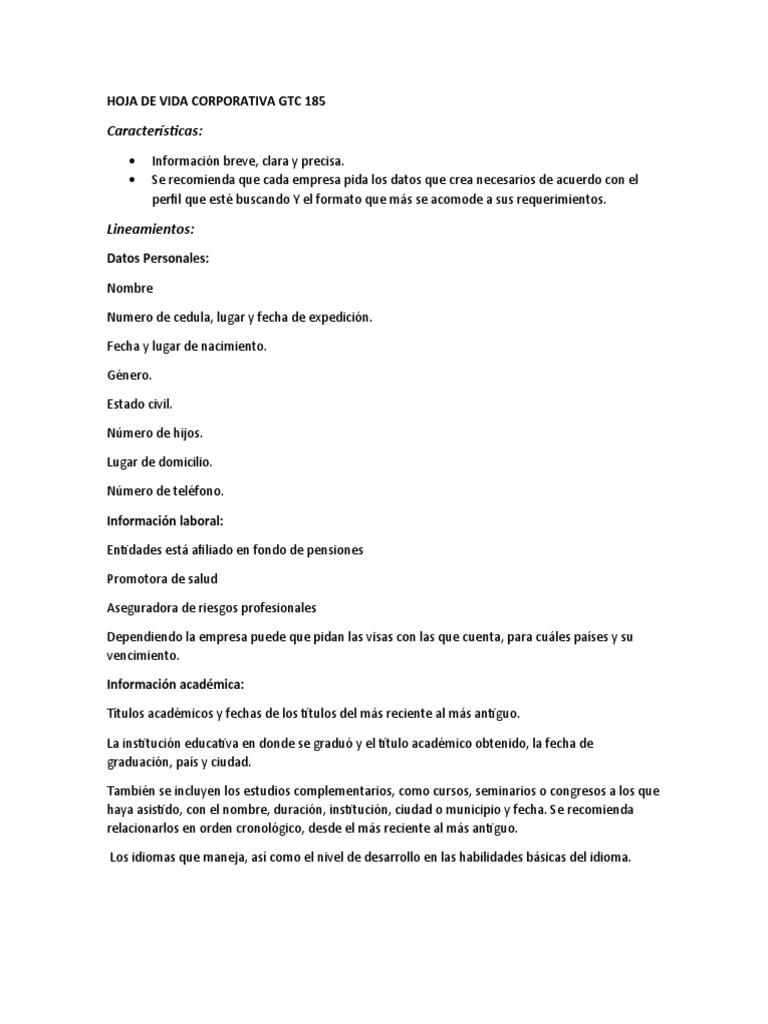 Hoja de Vida Corporativa GTC 185 | PDF