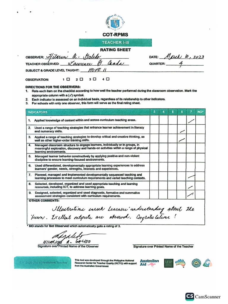 Teachers Rating Sheet | PDF