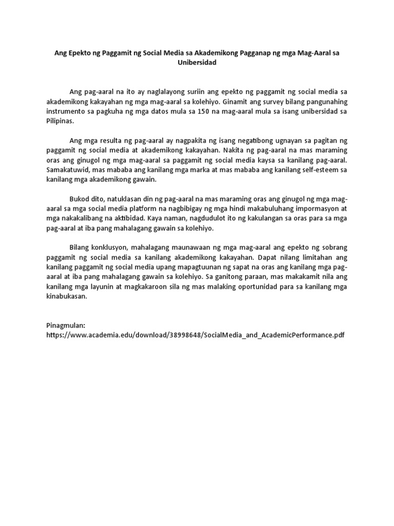 Ang Epekto NG Paggamit NG Social Media Sa Akademikong Pagganap NG Mga Mag | PDF