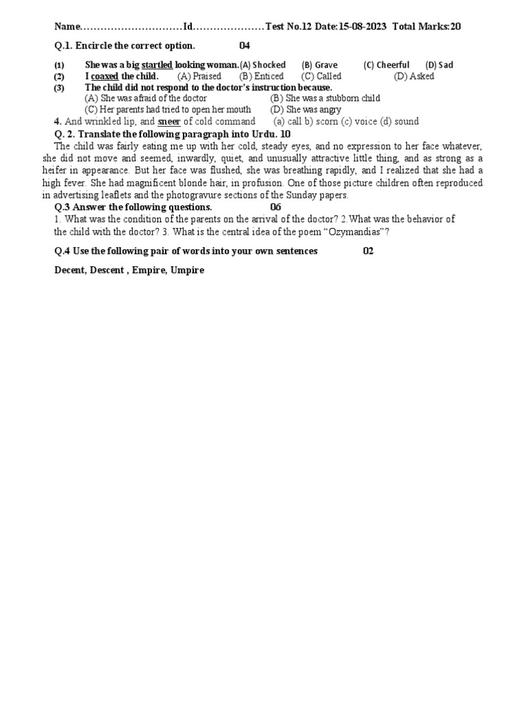 English Test Paper with Urdu Translation | PDF