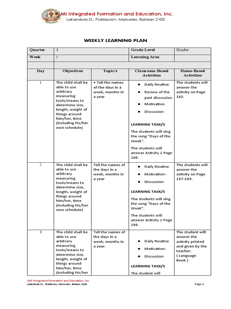 Kinder Weekly Learning Plan Overview | PDF | Learning | Behavior ...