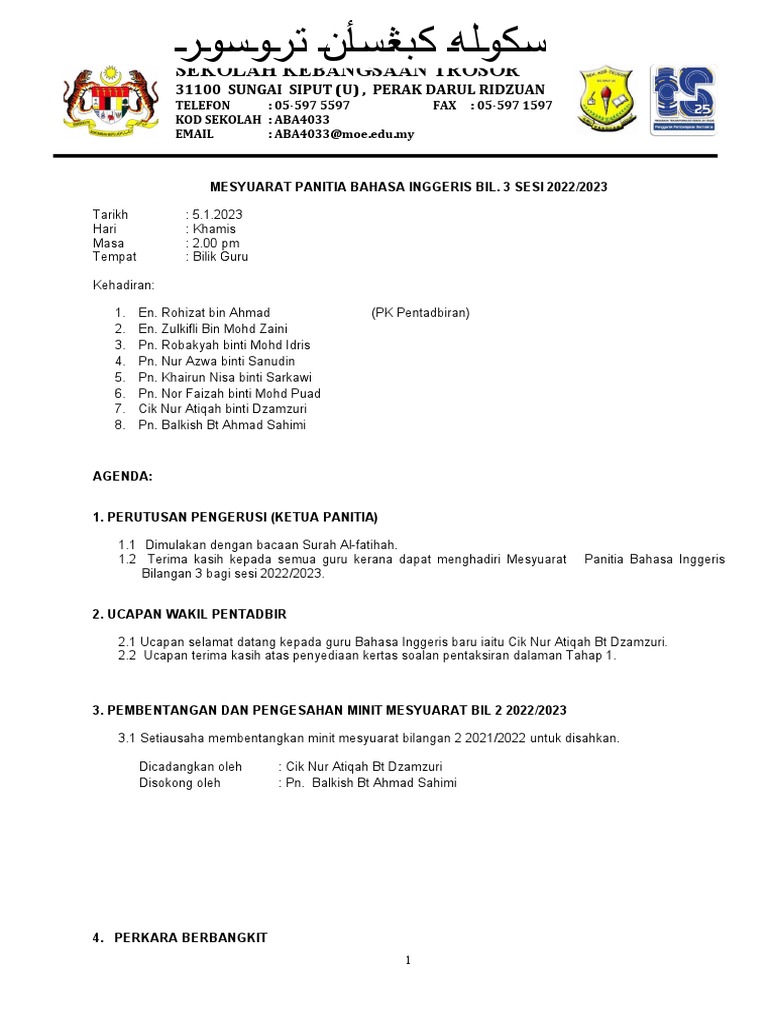 Minit Mesyuarat Panitia Bil 3 2022 | PDF