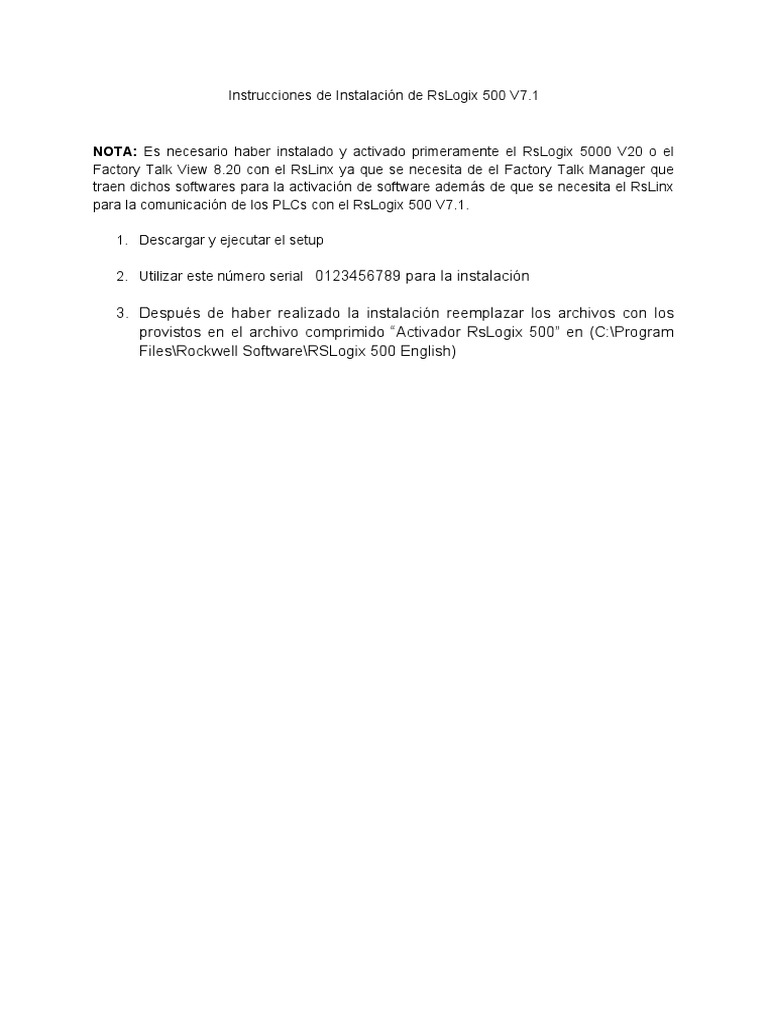 Instrucciones de Instalacion Rslogix 500 V7.1 | PDF