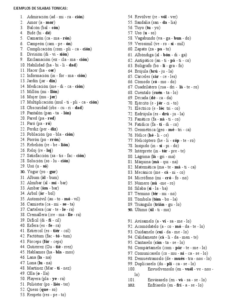 Ejemplos de Silabas Tonicas | PDF
